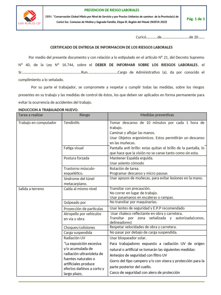 Certificado de Entrega de Información de Riesgos Laborales ...