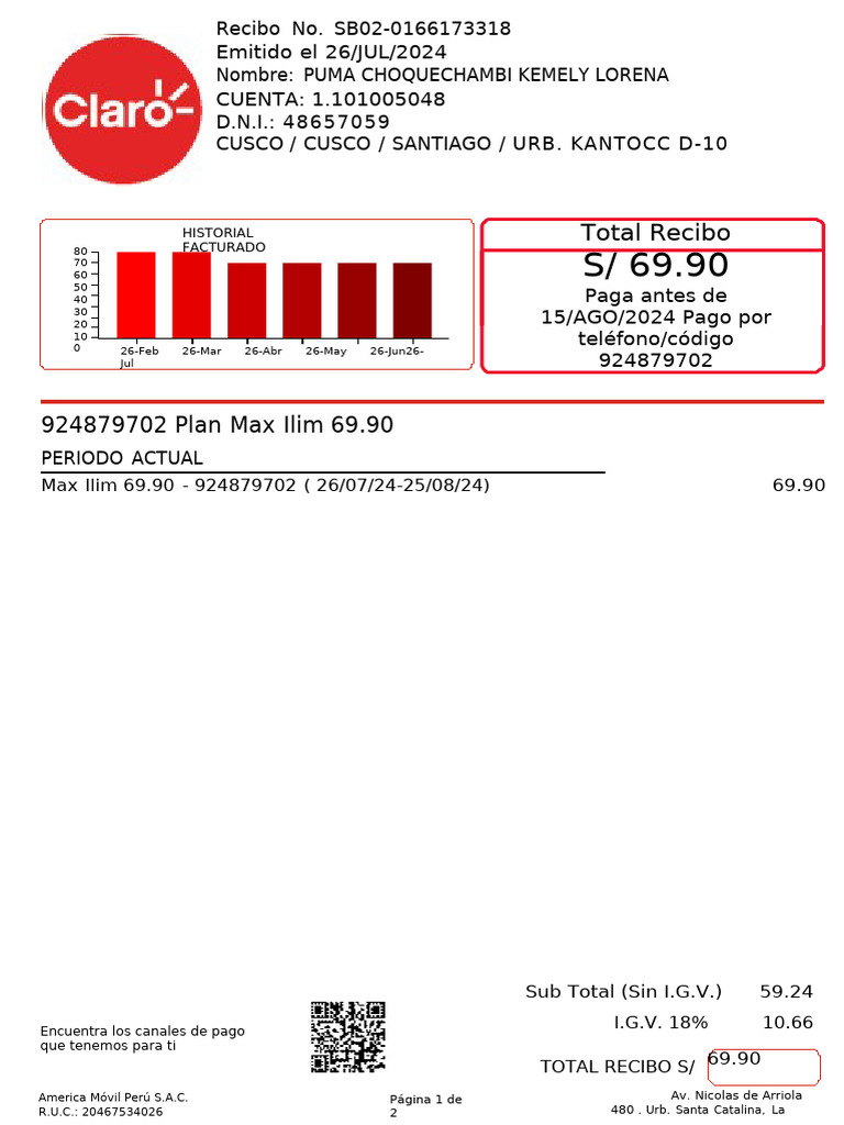 Total Recibo: Max Ilim 69.90 - 924879702 (26/07/24-25/08/24) 69.90 | PDF
