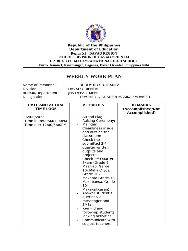 Weekly Work Plan | PDF