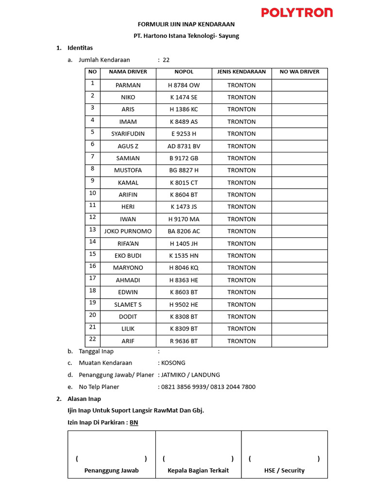 Formulir Ijin Inap Kendaraan PT Hartono | PDF