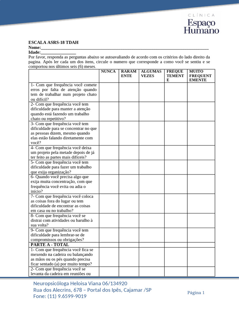 Escala Asrs-18 Tdah | PDF