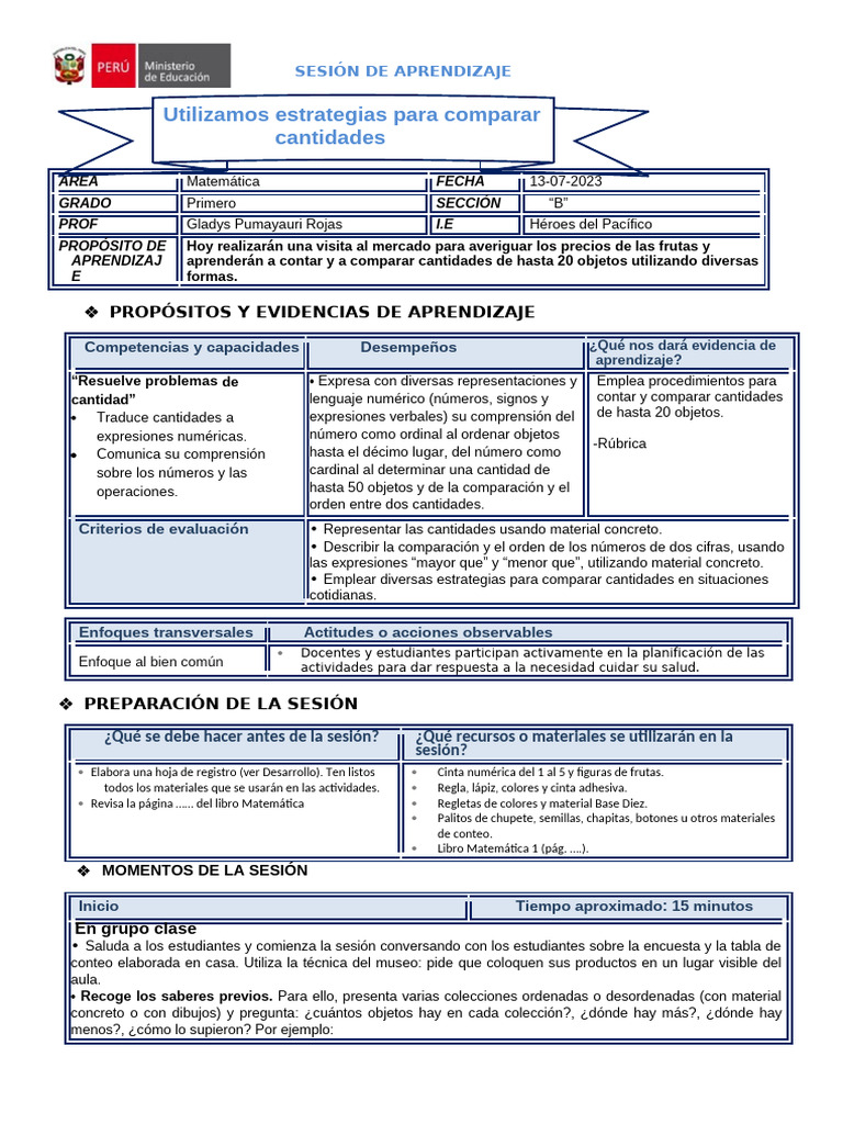 Sesión Utlizamos Estrategias para Comparar Cantidades | PDF