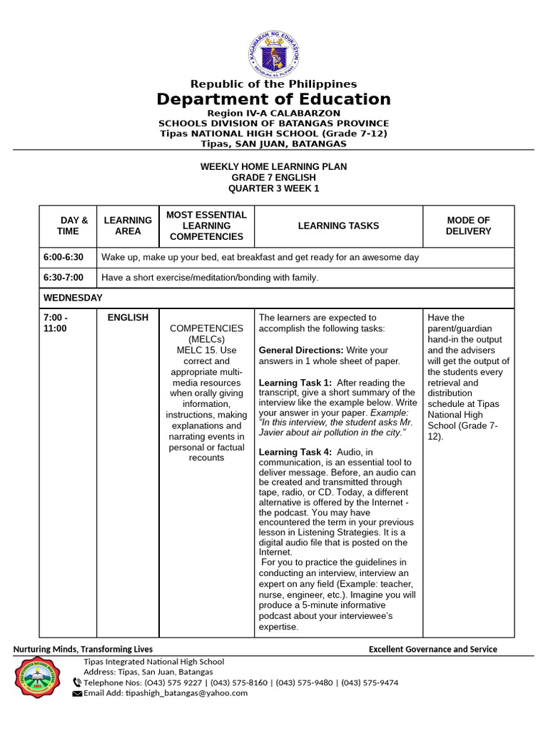 Weekly Home Learning Plan-Q3 | PDF