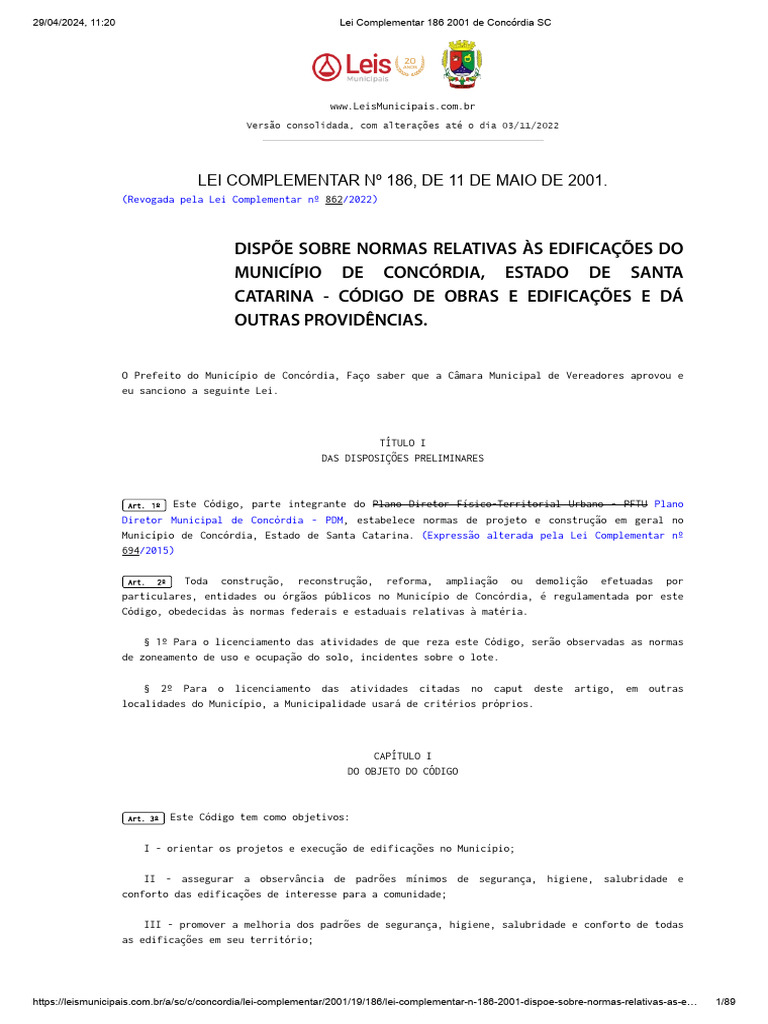 Lei Complementar 186 2001 de Concórdia SC | PDF
