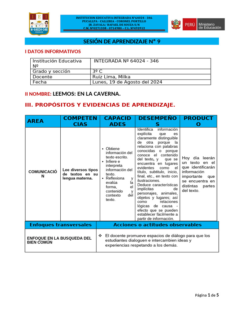 Sesión de Aprendizaje Nuevo Esquema #9 | PDF