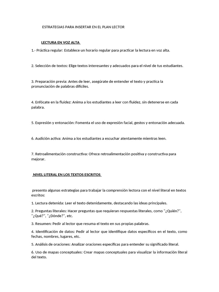ESTRATEGIAS PARA INSERTAR EN EL PLAN LECTOR | PDF