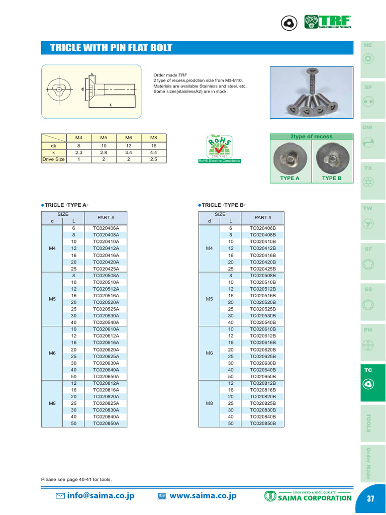 Tricle With Pin Flat Bolt: WWW - Saima.co - JP Info@saima - Co.jp | PDF
