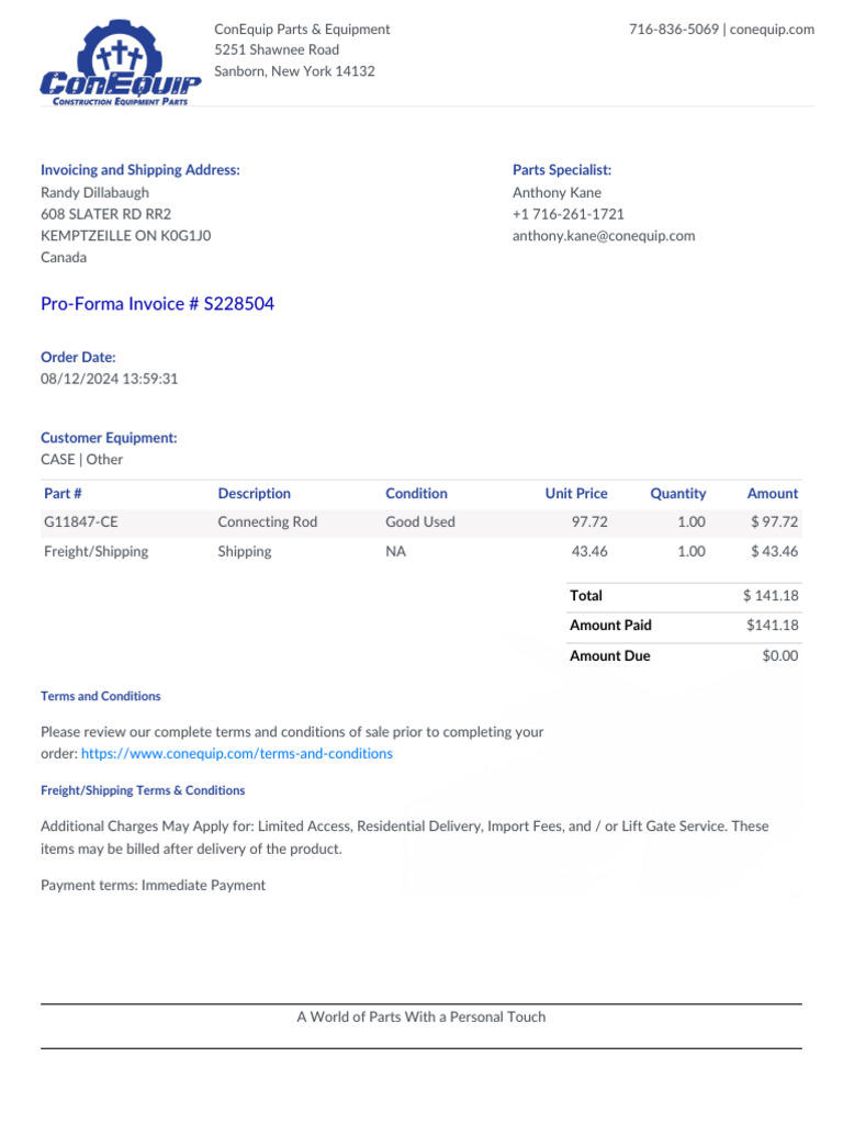 Pro-Forma Invoice # S228504: Invoicing and Shipping Address: Parts ...