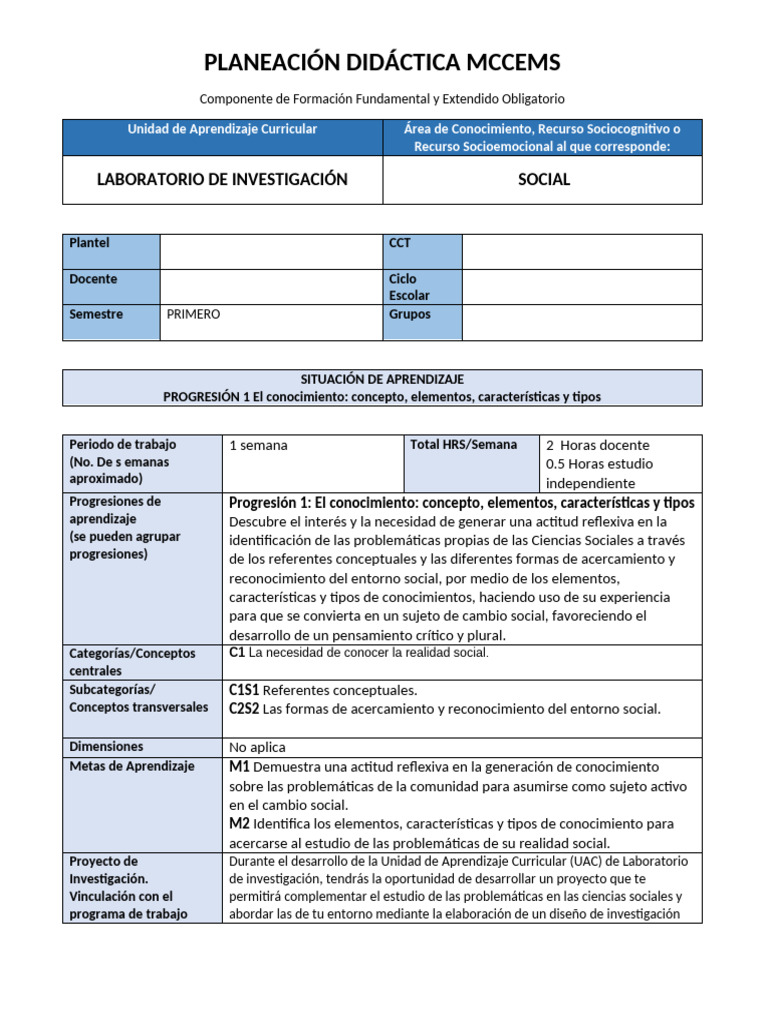 Planeación Didáctica - Laboratorio de Investigación - DGB - Primer Semestre | PDF ...