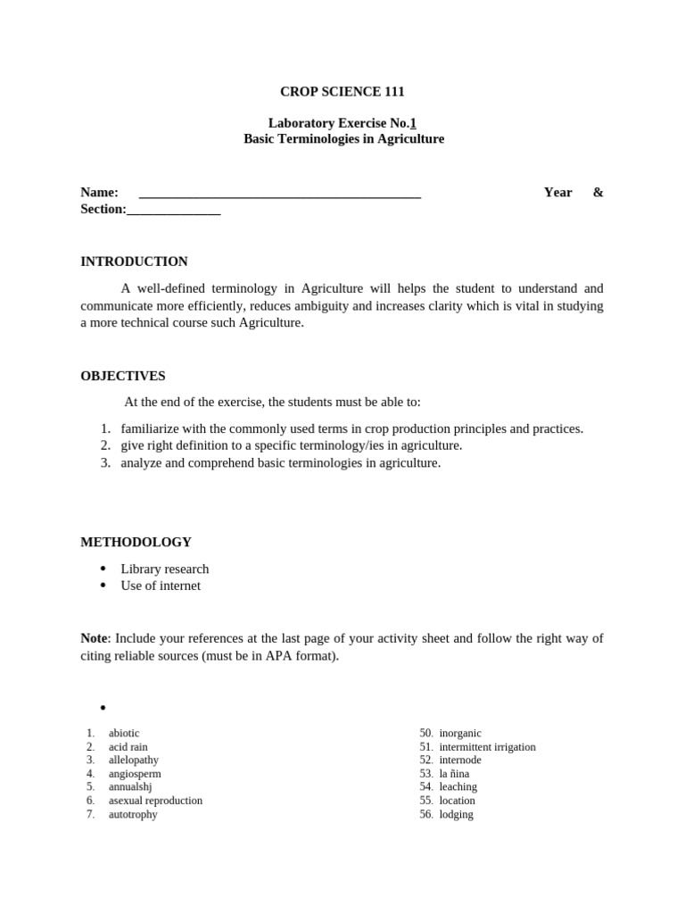 Basic Terminologies in Agriculture Lab Exercise 2 | PDF | Agriculture ...