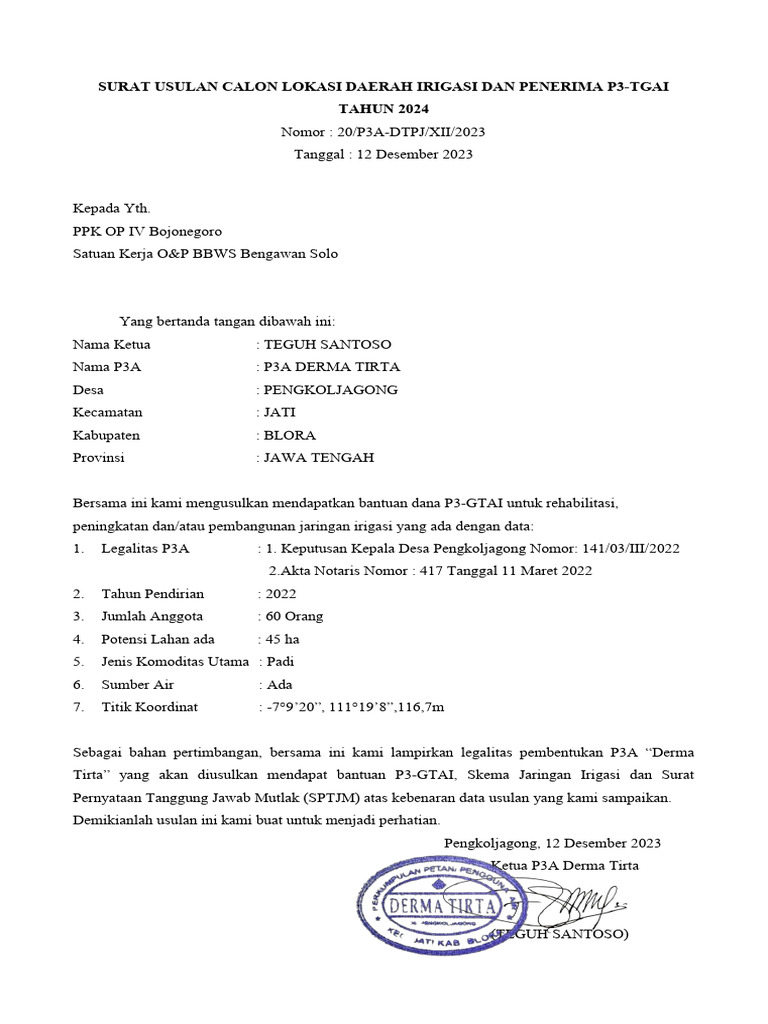 Surat Usulan Calon Lokasi Daerah Irigasi Dan Penerima P3-Tgai 2024 | PDF