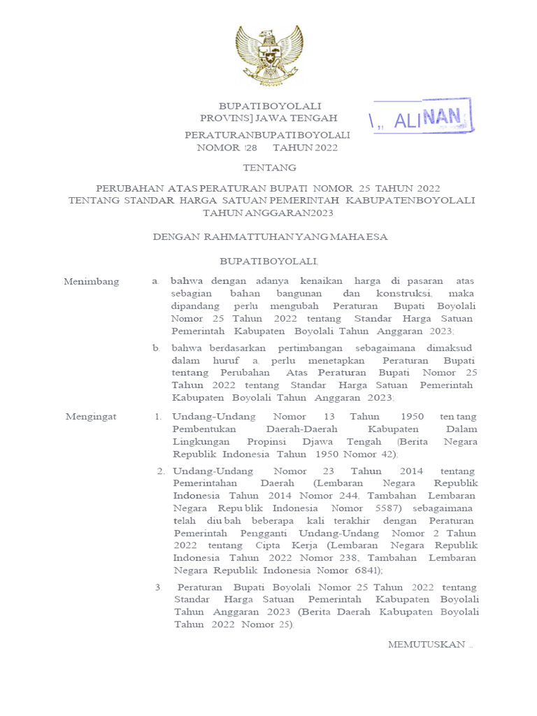 Perbup HSPK 2023 Perubahan HSPK No 128 2022 | PDF