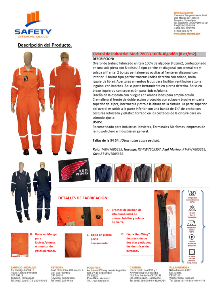 Ficha Técnica 76053 Overol RedWing Algodón 8oz (Kaltex) | PDF