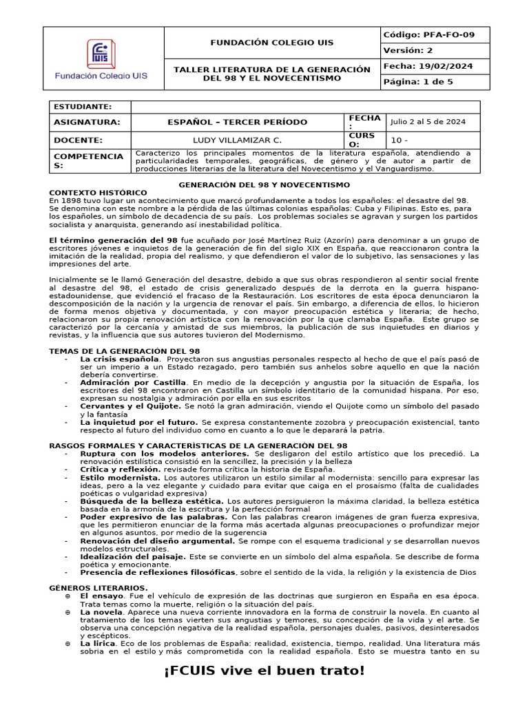 Genracion Del 98 Y Novecentismo Pdf