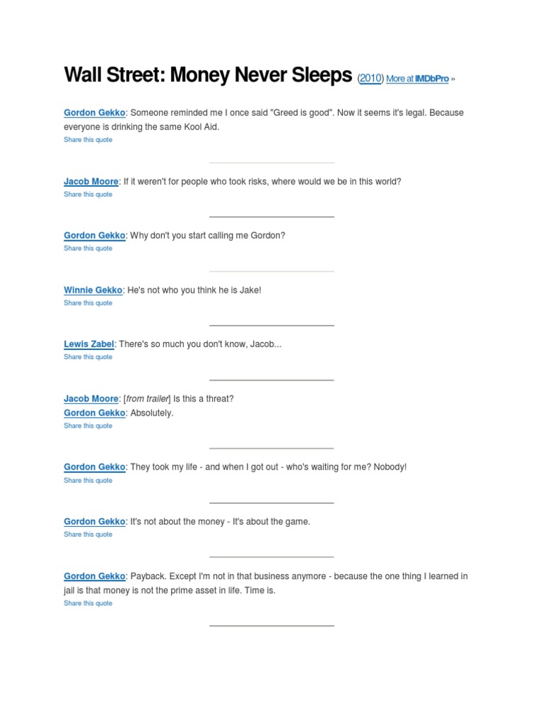 Dialogues From Wall Street Money Never Sleeps | PDF | Business