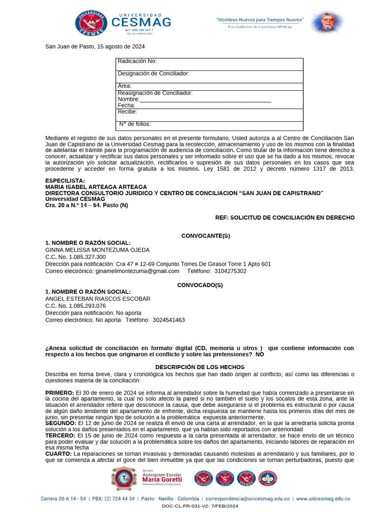 009 Formato Solicitud de Conciliacion (Revision) - Corregida | PDF