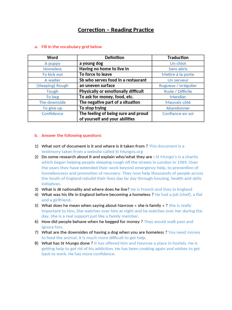 Correction - Reading Practice 2 | PDF