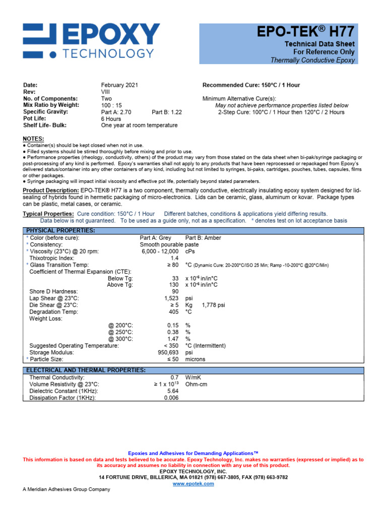 Epo-Tek H77: Technical Data Sheet | PDF