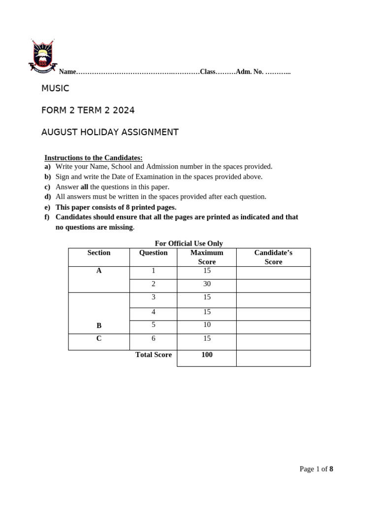 Form2 - End of Term2 2024 Holiday Assignment | PDF