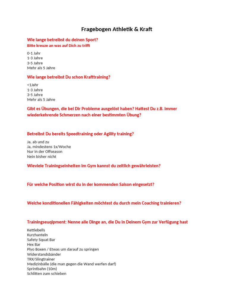 Fragebogen Athletik & Kraft | PDF