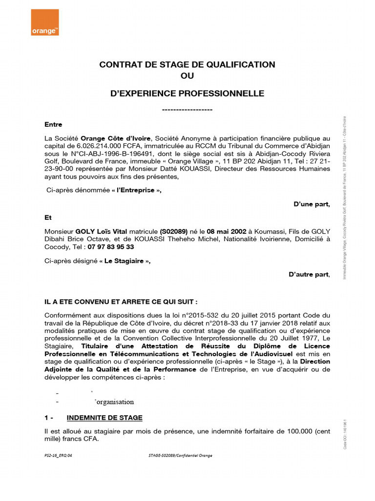 Contrat de Stage Orange | PDF