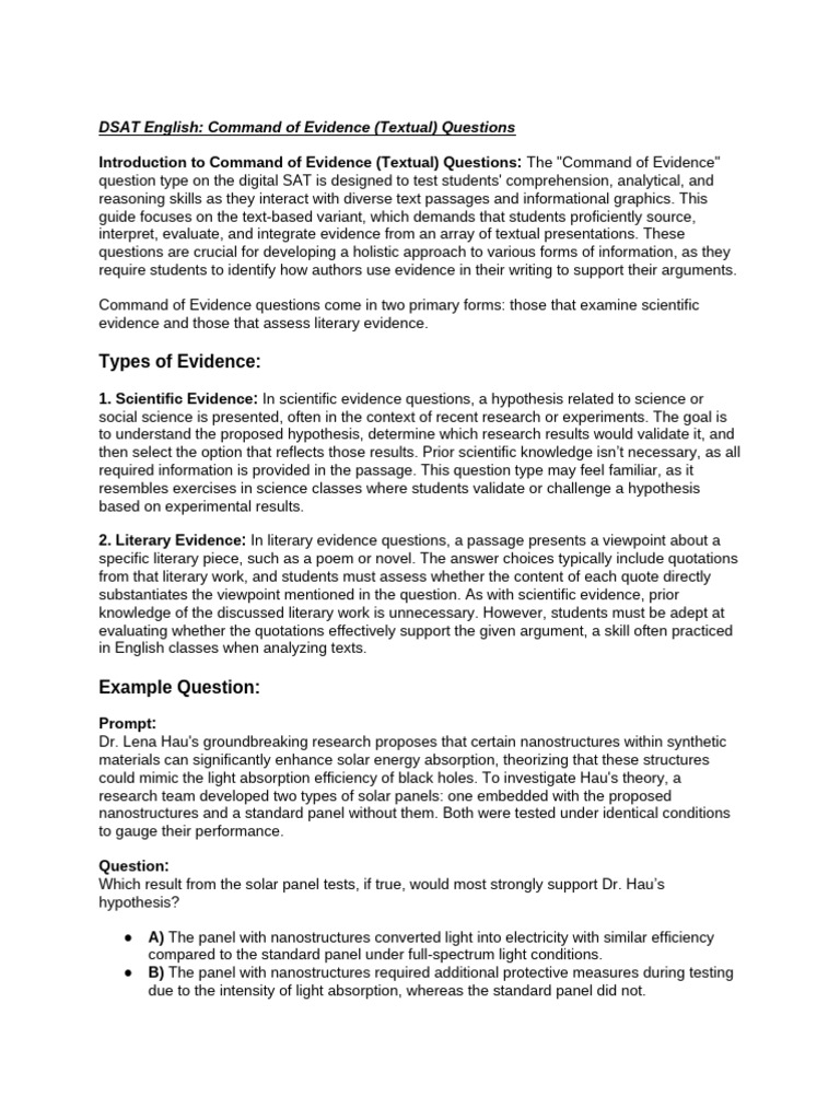DSAT English - Command of Evidence (Textual) Questions | PDF | Evidence | Hypothesis