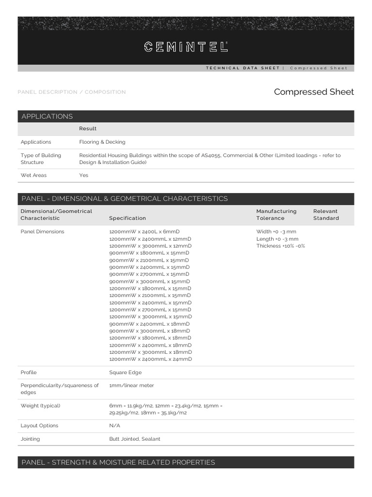 Cemintel Technical Data Sheet Compressed Sheet | PDF