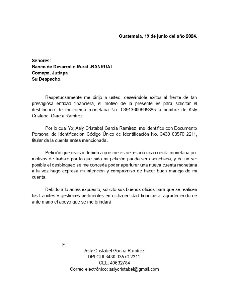 Solicitud Desbloqueo Cuenta BANRUAL | PDF | Finanzas y dinero | Derecho