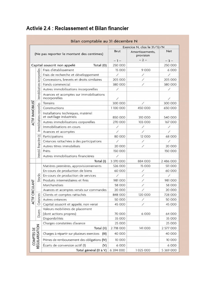 Activié 2.4 Reclassement Et Etablissement Dun Bilan Financier | PDF