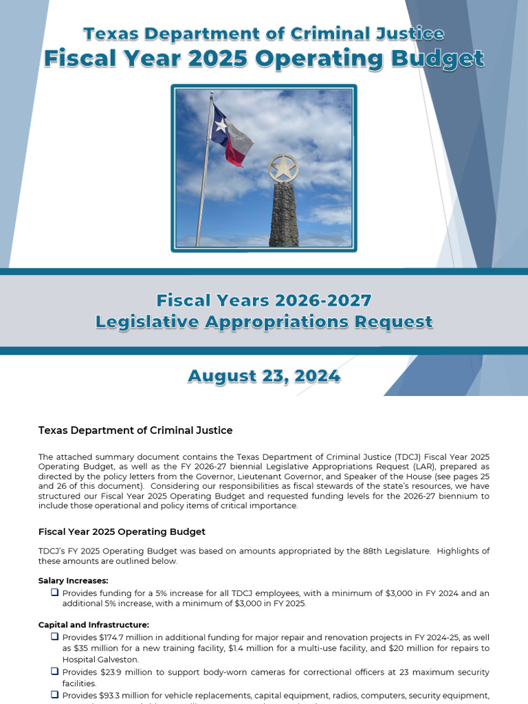TDCJ FY 2025 Budget Overview and Salary Increases | PDF | Parole | Business