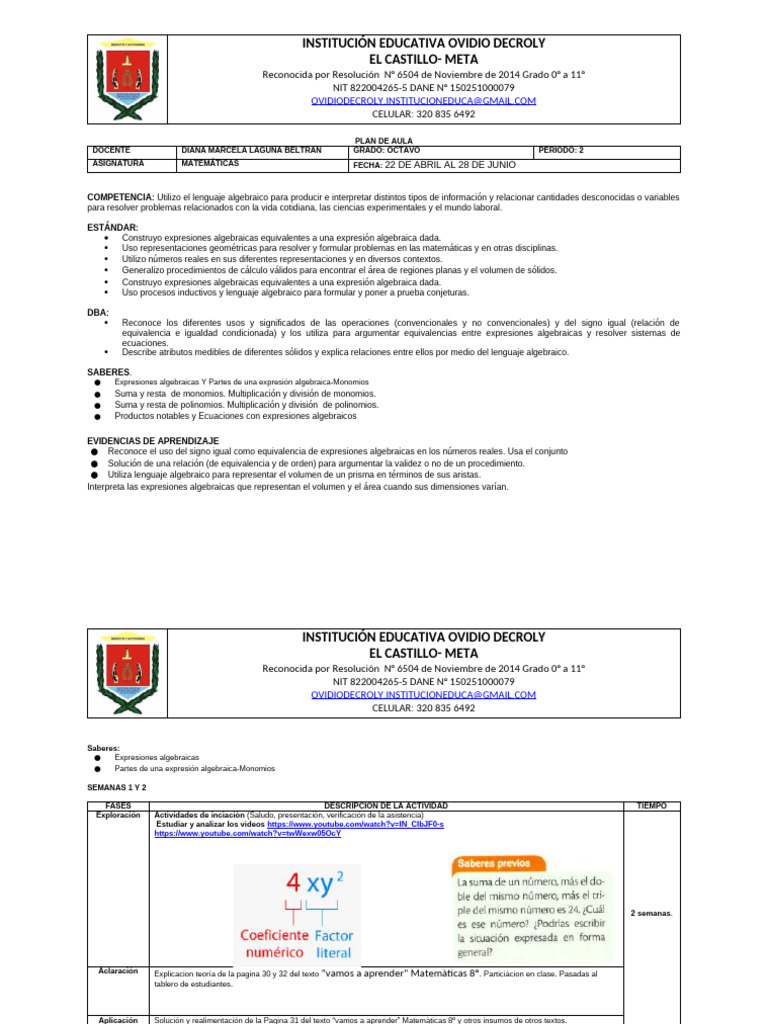 Plan de Aula Octavo II Periodo 2024 Ovidio | PDF