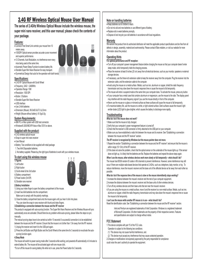2.4G RF Wireless Optical Mouse User Manual | PDF