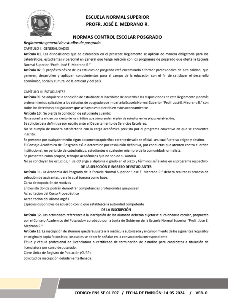 Normas de Control Escolar Posgrado | PDF