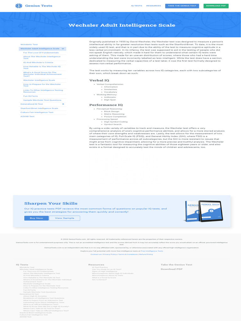 Wechsler Adult Intelligence Scale _ Genius Tests | PDF