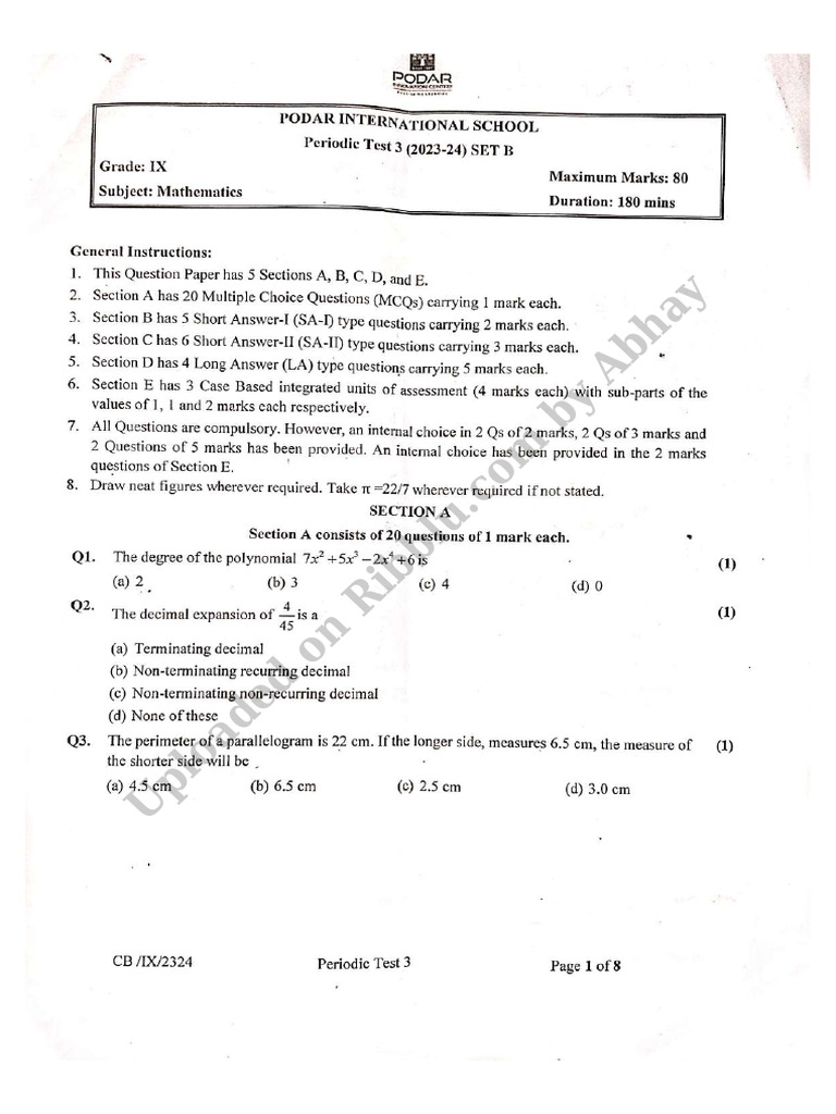 Class 9 Maths Periodic Test Paper 2023 24 Podar International | PDF