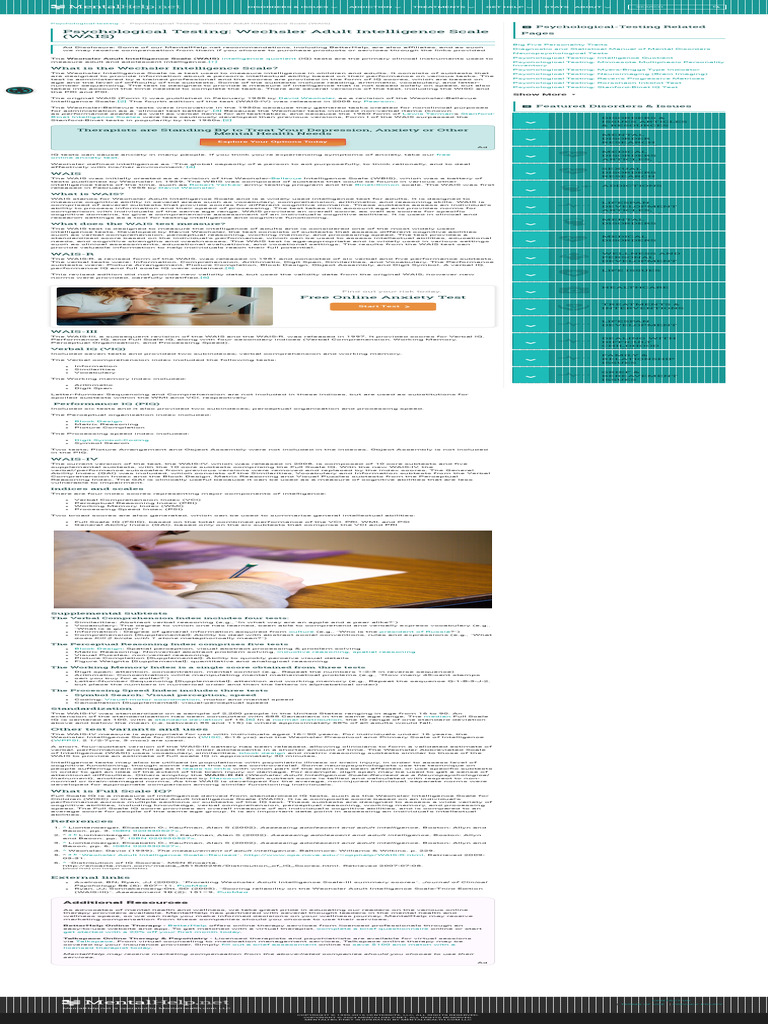 Wechsler Adult Intelligence Scale (WAIS) - Psychological Testing | PDF