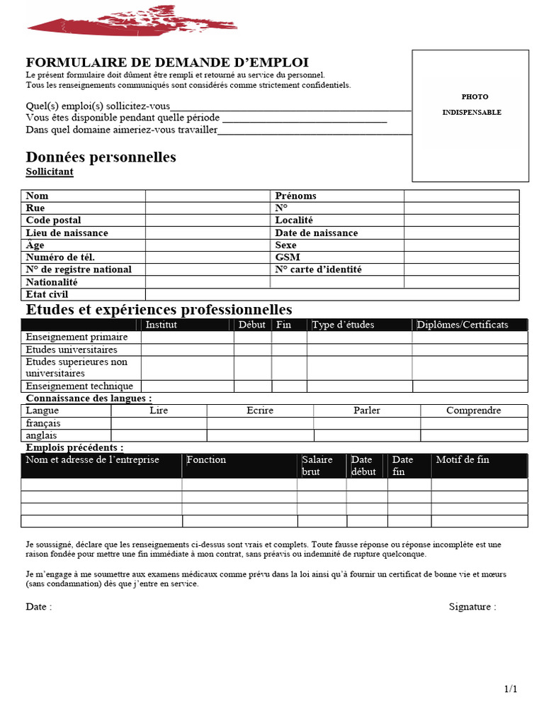 Formulaire de Demande Demploi | PDF
