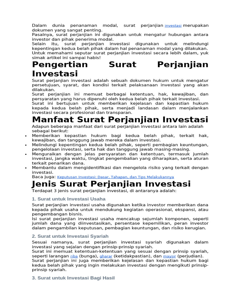 Contoh Surat Perjanjian Investasi | PDF