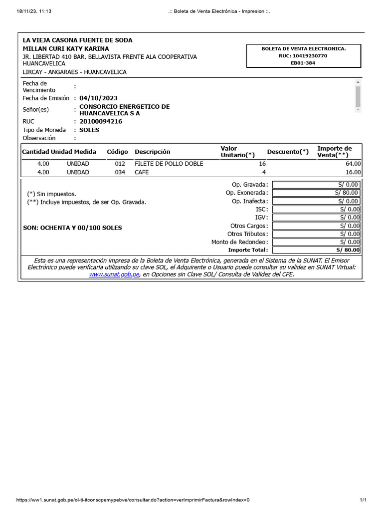 Boleta de Venta Electrónica - Impresion | PDF