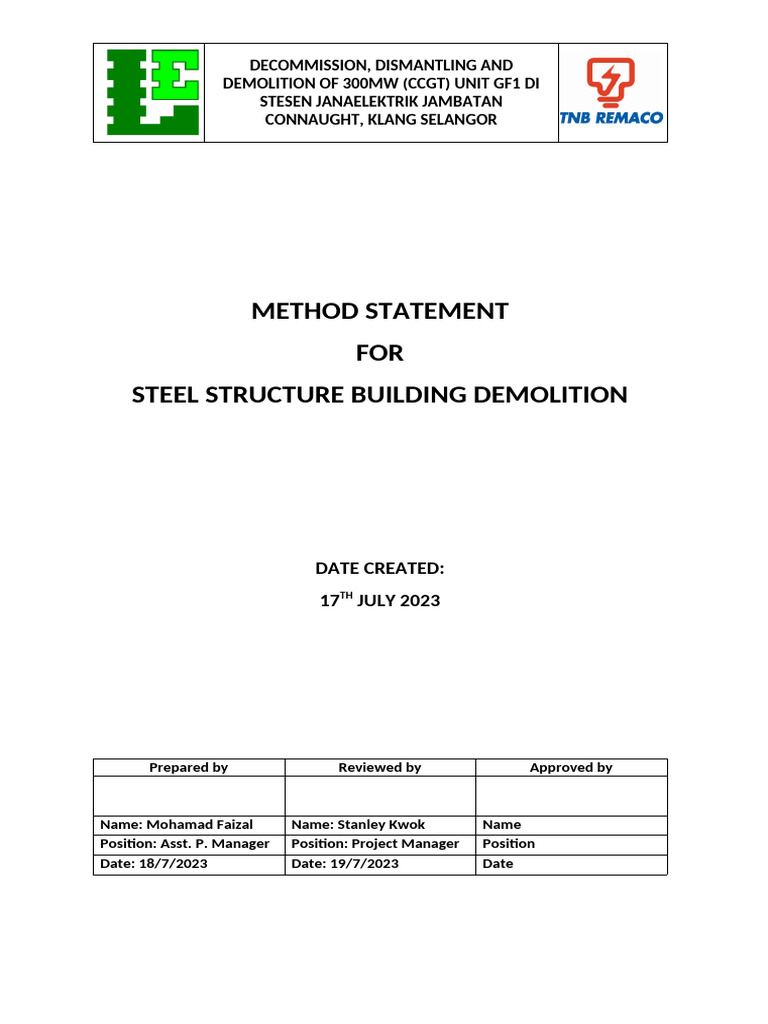 METHOD STATEMENT FOR STEEL STRUCTURE BUILDING DEMOLITION | PDF