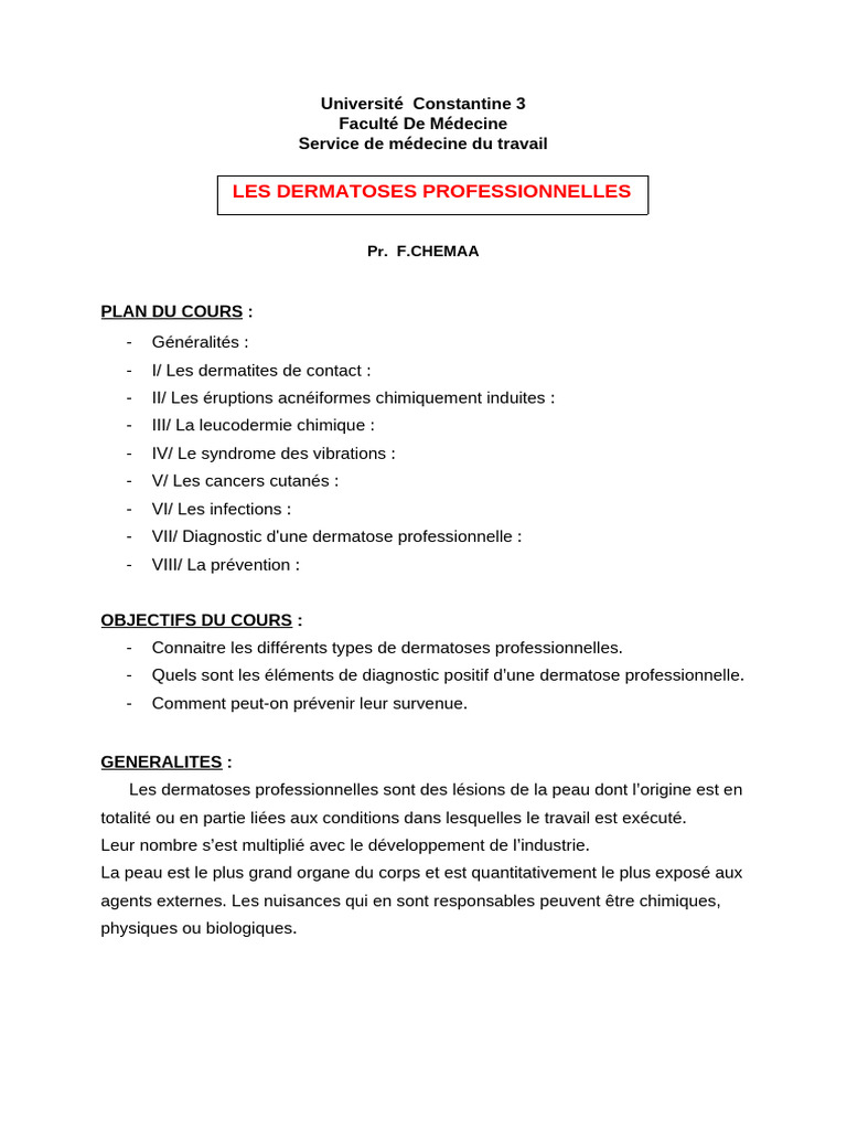 Les Dermatoses Professionnelles Externes 2019 2020 | PDF
