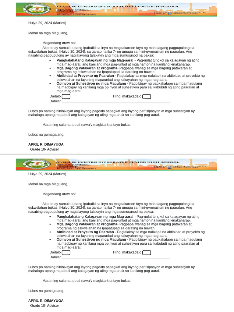 Letter To Parents - Orientation | PDF