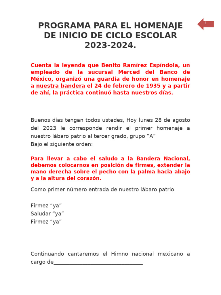 Programa para El Homenaje de Inicio de Ciclo Escolar 2023 | PDF