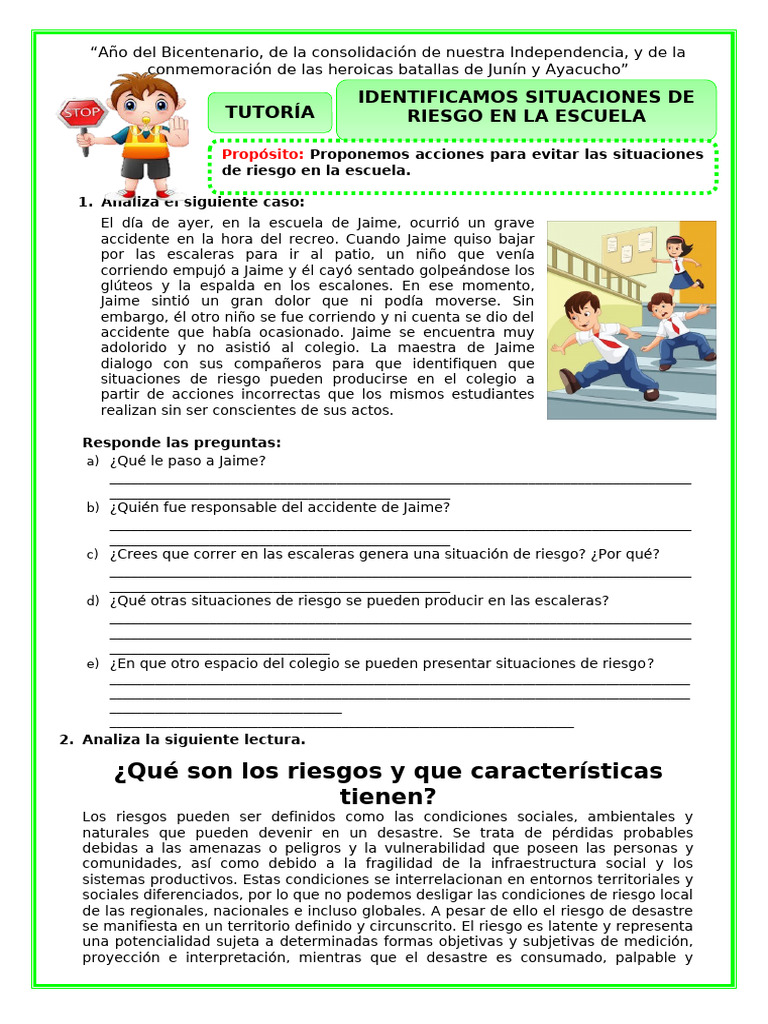 Ficha Mart Tut Identificamos Situaciones De Riesgo En La Escuela Pdf