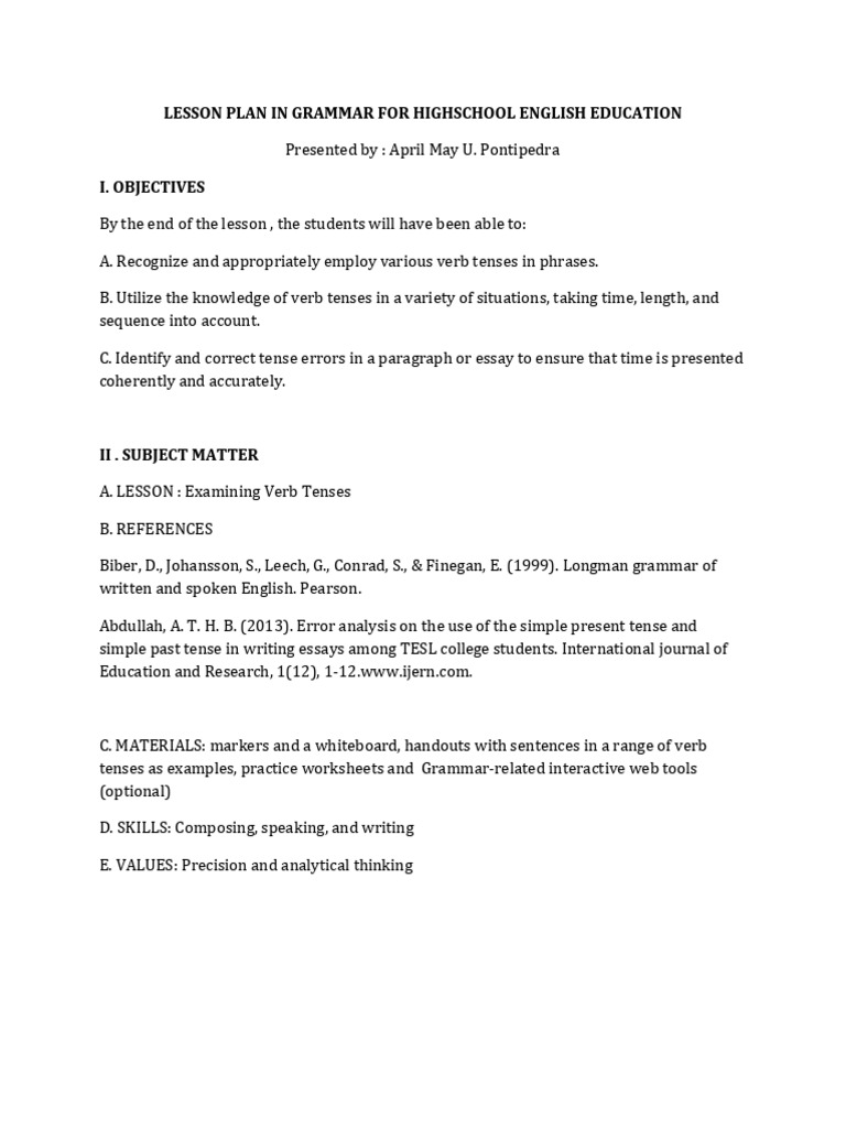 Lesson Plan in Grammar For Highschool English Education | PDF ...