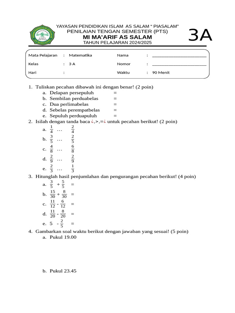 Pts Matematika 3a Genap | PDF
