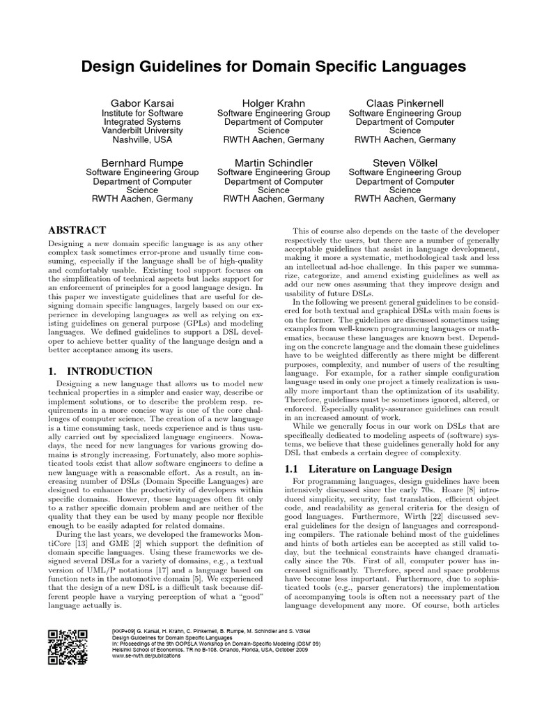 Design Guidelines For Domain Specific Languages: Gabor Karsai Holger Krahn Claas Pinkernell | PDF