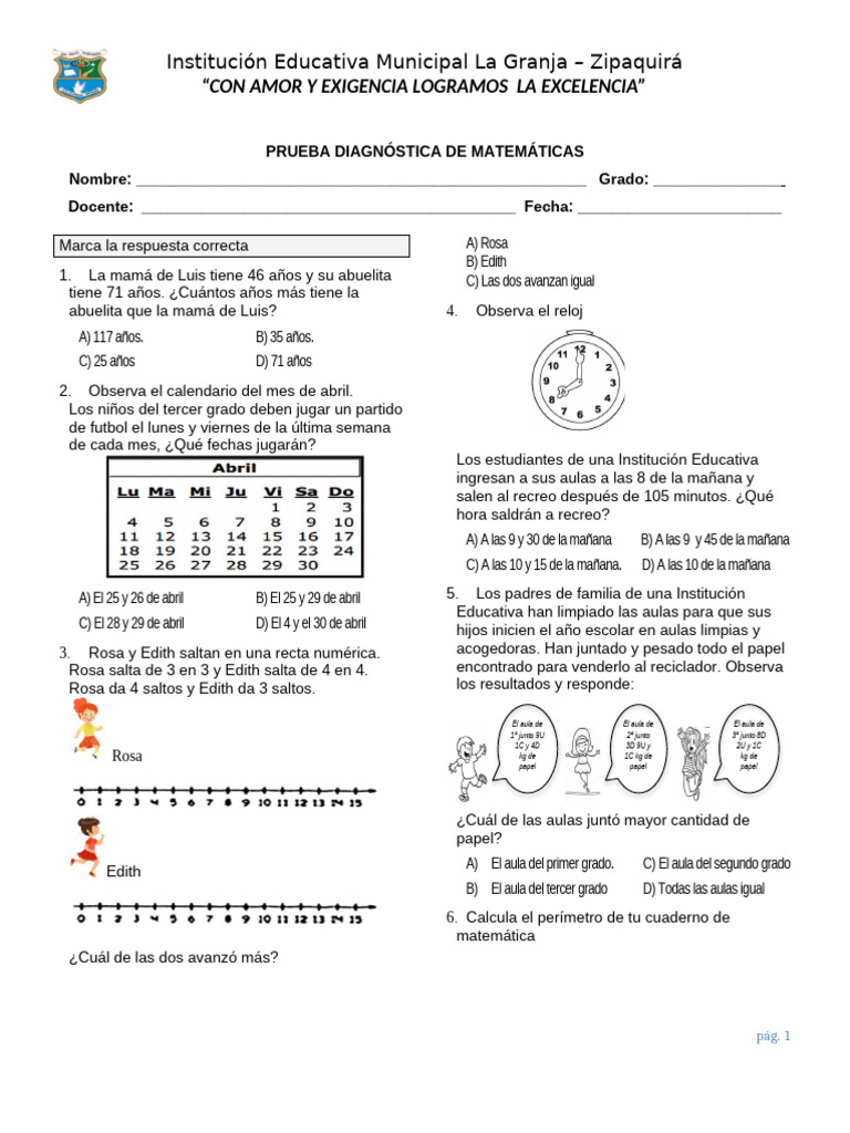 Pruebas Diagnóstica Matemáticas 2020 | PDF
