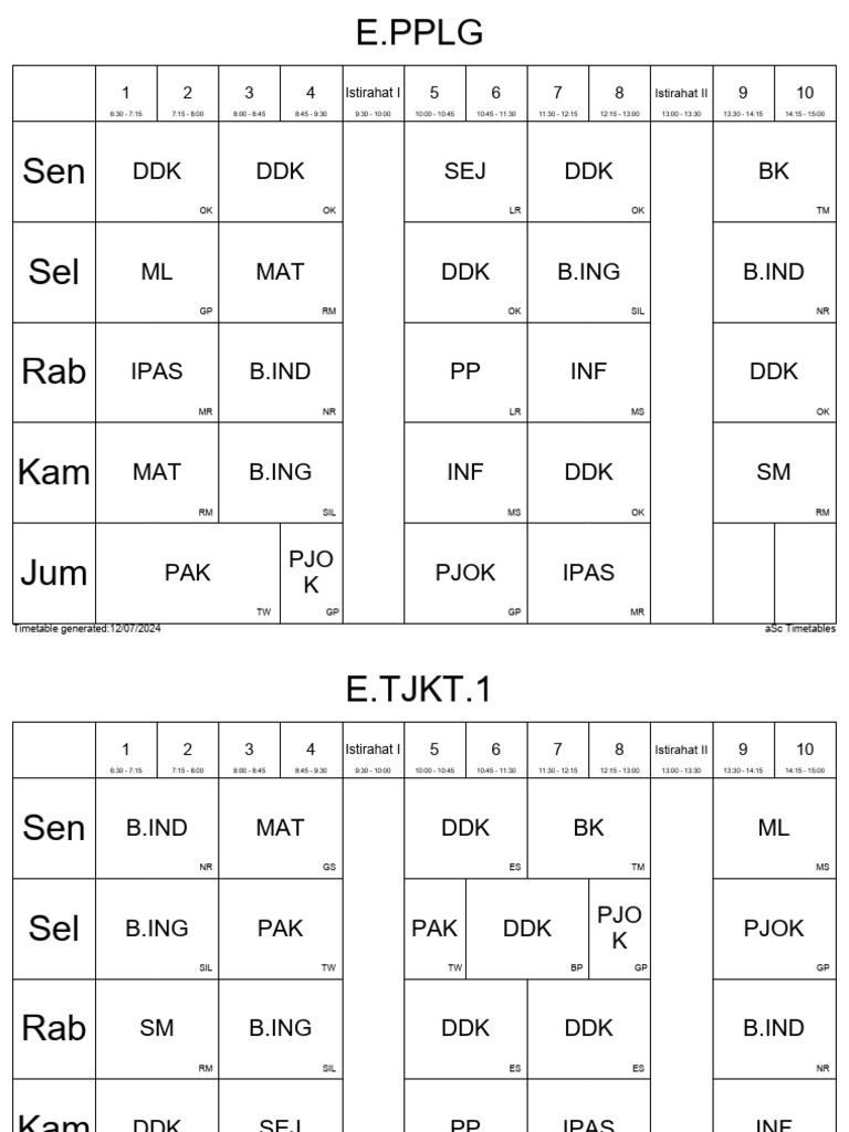 Jadwal Mapel Per Kelas | PDF