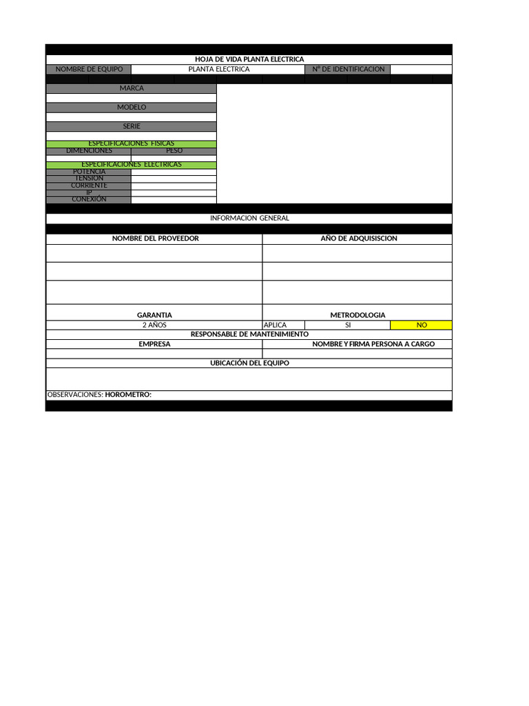 Modelo Hoja de Vida Planta Electrica Externos | PDF